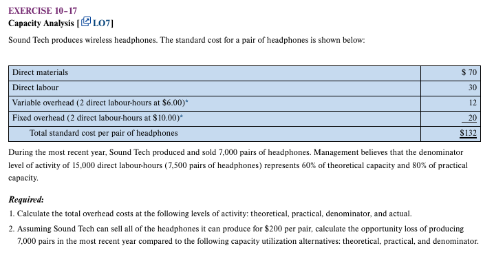 Solved EXERCISE 10-17 ﻿Capacity Analysis | Chegg.com