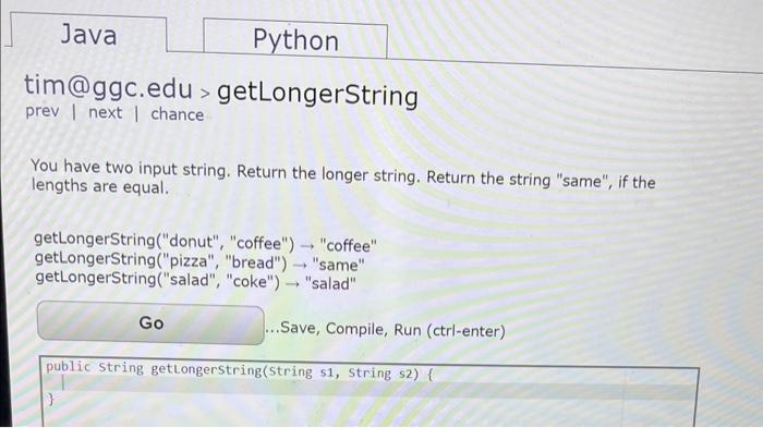Solved im@ggc.edu > getFirstLastString rev I next | chance | Chegg.com