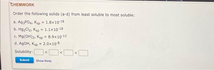 Solved Order the following solids (a-d) from least soluble | Chegg.com