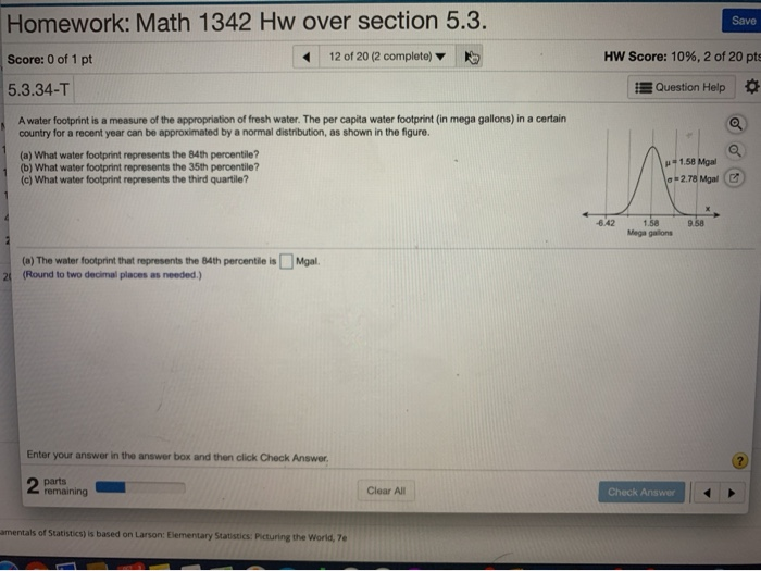 Solved Homework Math 1342 Hw Over Section 5 3 Save Score