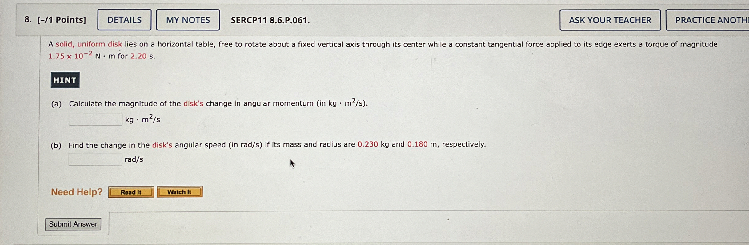 Solved [-/1 ﻿Points]SERCP11 8.6.P.061.A solid, uniform disk | Chegg.com