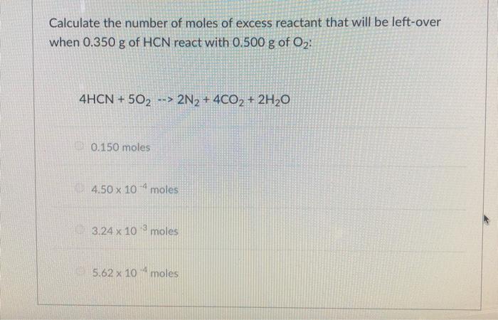 Solved Calculate the number of moles of excess reactant that | Chegg.com