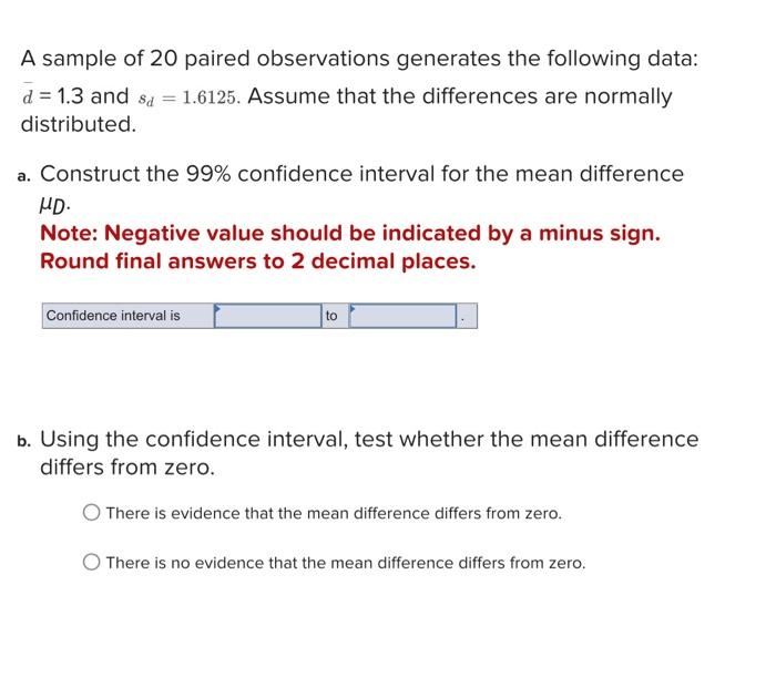 Solved A sample of 20 paired observations generates the | Chegg.com