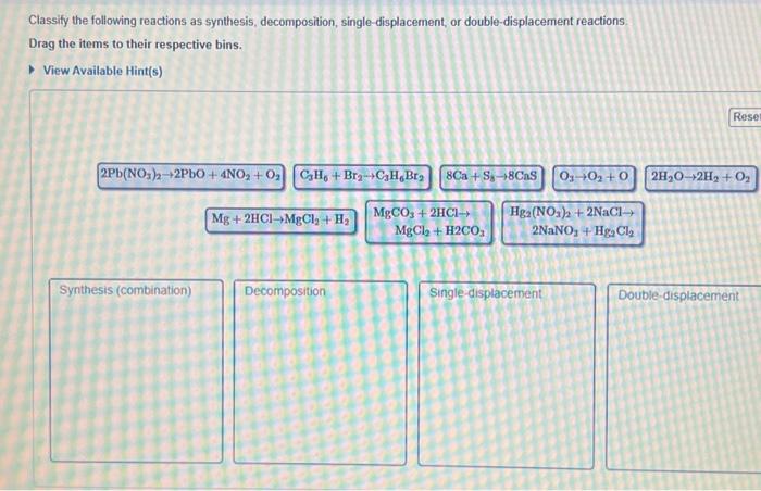 Solved Classify the following reactions as synthesis, | Chegg.com