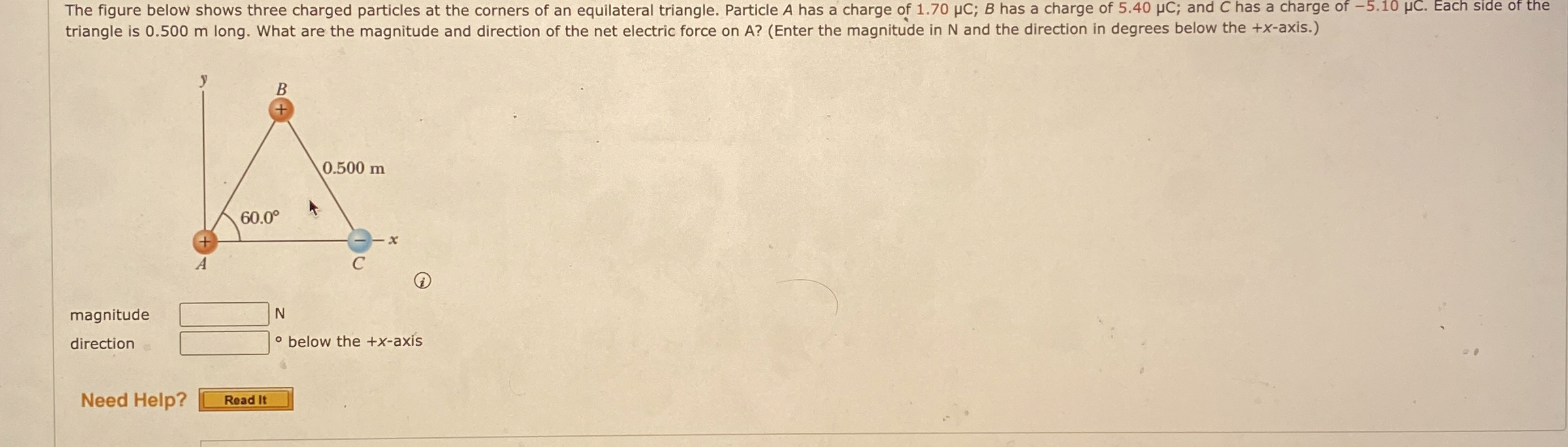 Solved The figure below shows three charged particles at the | Chegg.com