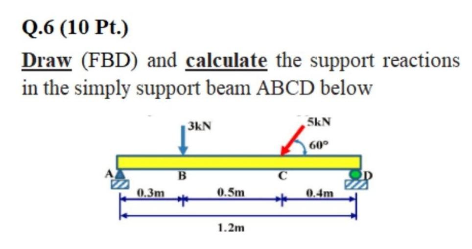 Solved Q.6 (10 Pt.) Draw (FBD) and calculate the support | Chegg.com
