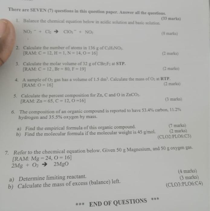 Solved NO3−+Cl2→ClO3−+NO2 (8 maris) 2. Calculate the number | Chegg.com