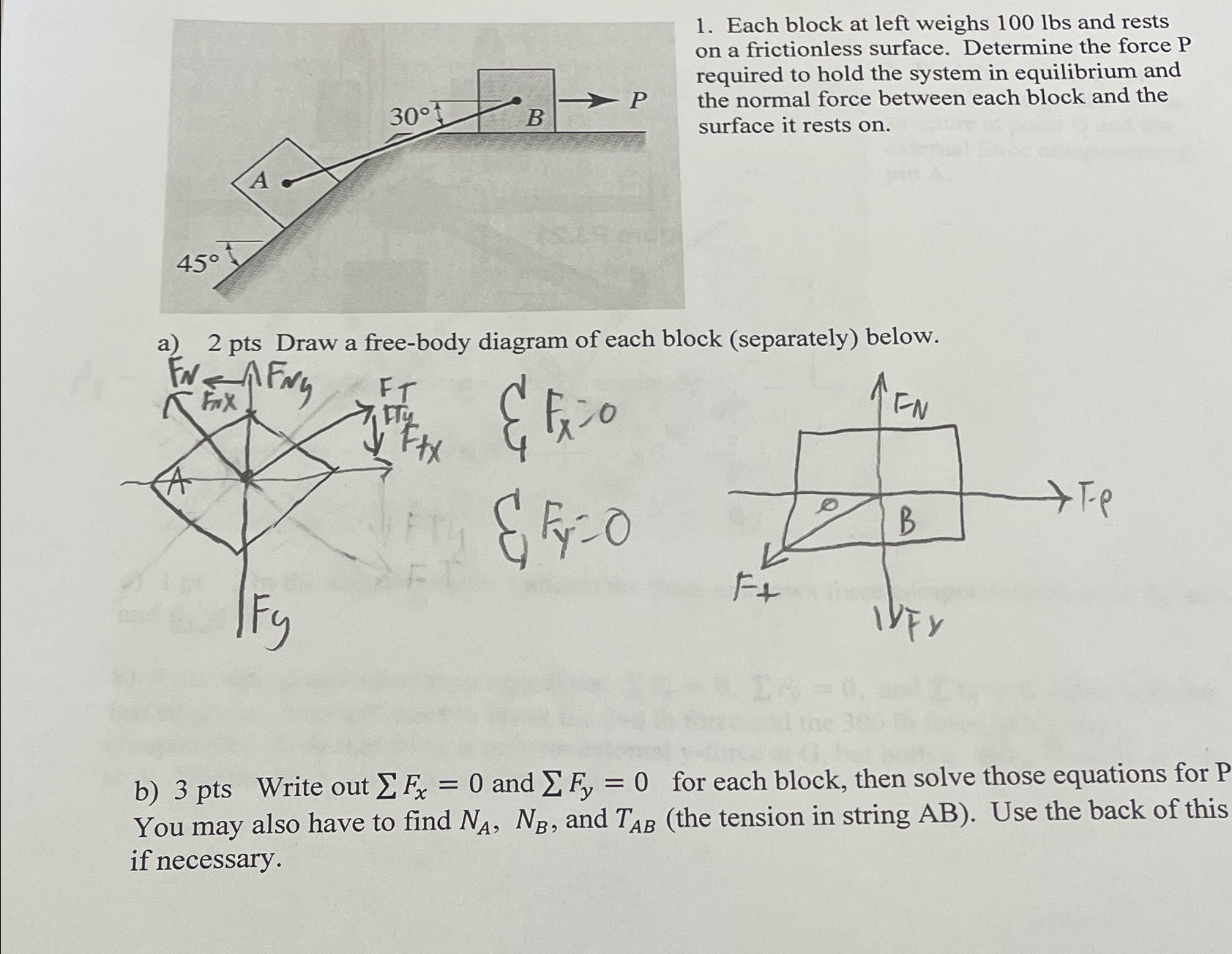 Solved Each block at left weighs 100lbs ﻿and rests on a | Chegg.com