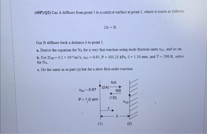 Solved (40P) Q2) Gas A diffuses from point 1 to a catalyst | Chegg.com