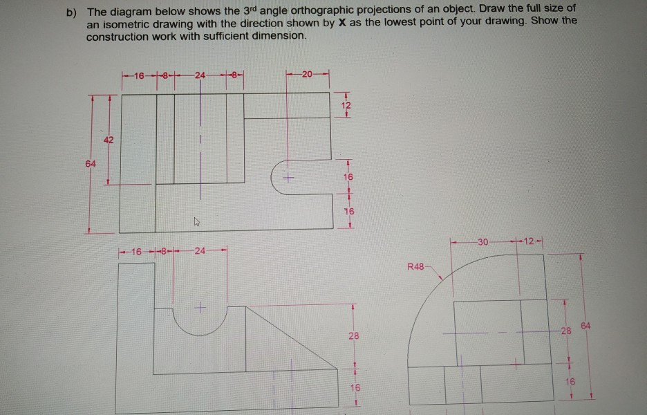Solved b) The diagram below shows the 3rd angle orthographic | Chegg.com