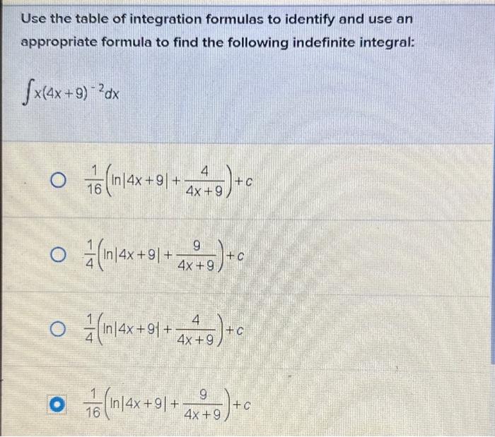 Solved Use the table of integration formulas to identify and | Chegg.com