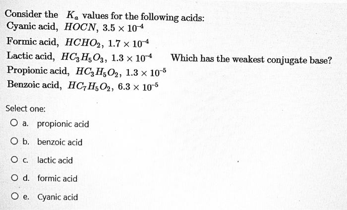 Solved Consider the Ka values for the following acids: | Chegg.com