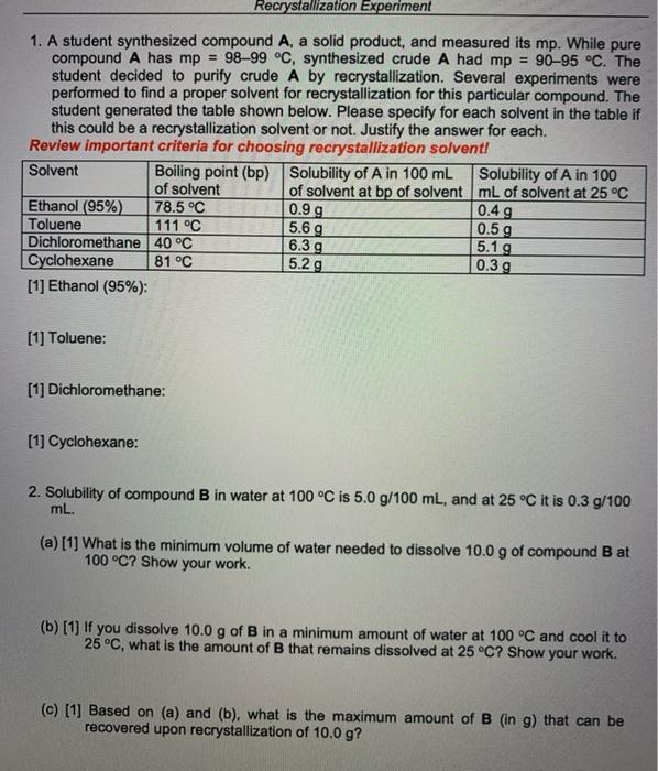 Solved Recrystallization Experiment 1. A student synthesized | Chegg.com