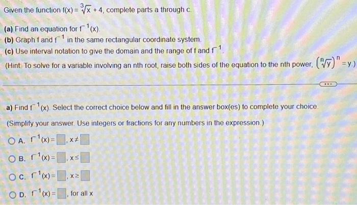 Solved Given the function f(x)=√x + 4, complete parts a | Chegg.com