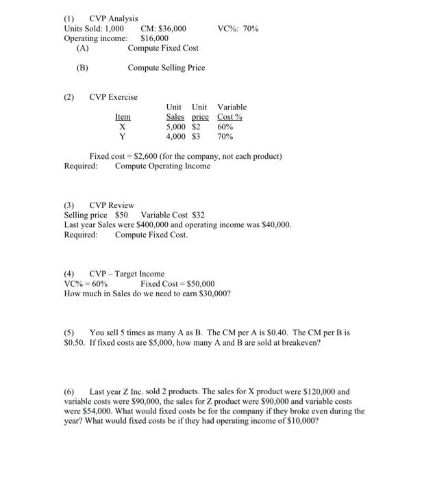 Solved (1) CVP Analysis Units Sold: 1,000 CM: $36,000 | Chegg.com