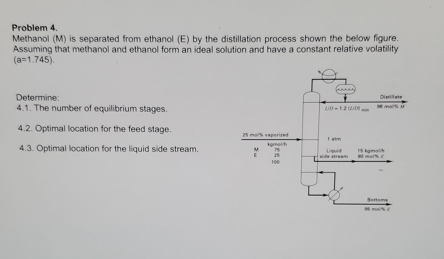 Problem 4. Methanol (M) is separated from ethanol (E) | Chegg.com