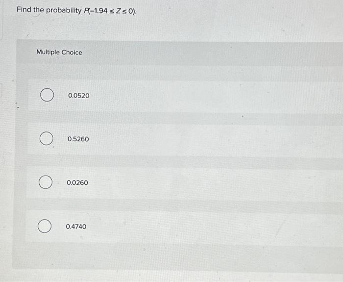 Solved Find the probability P(−1.94≤Z≤0). Multiple Choice | Chegg.com