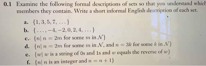 Solved 0.1 Examine the following formal descriptions of sets | Chegg.com