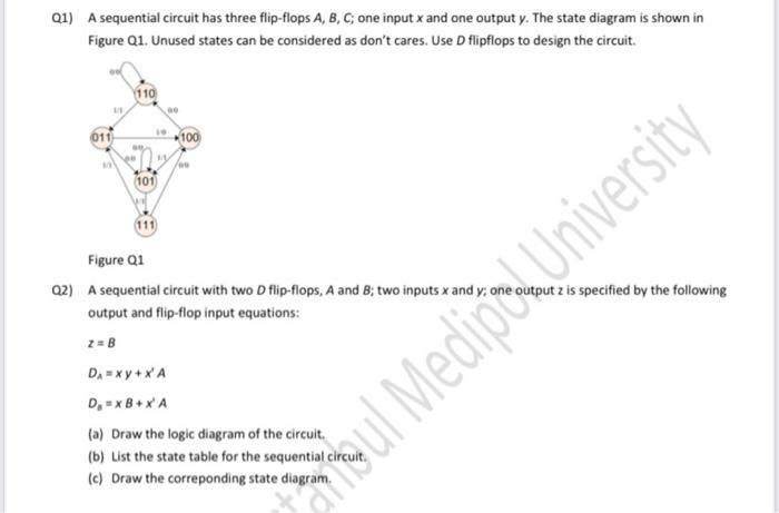 Solved Q1) A sequential circuit has three flip-flops A,B,C; | Chegg.com