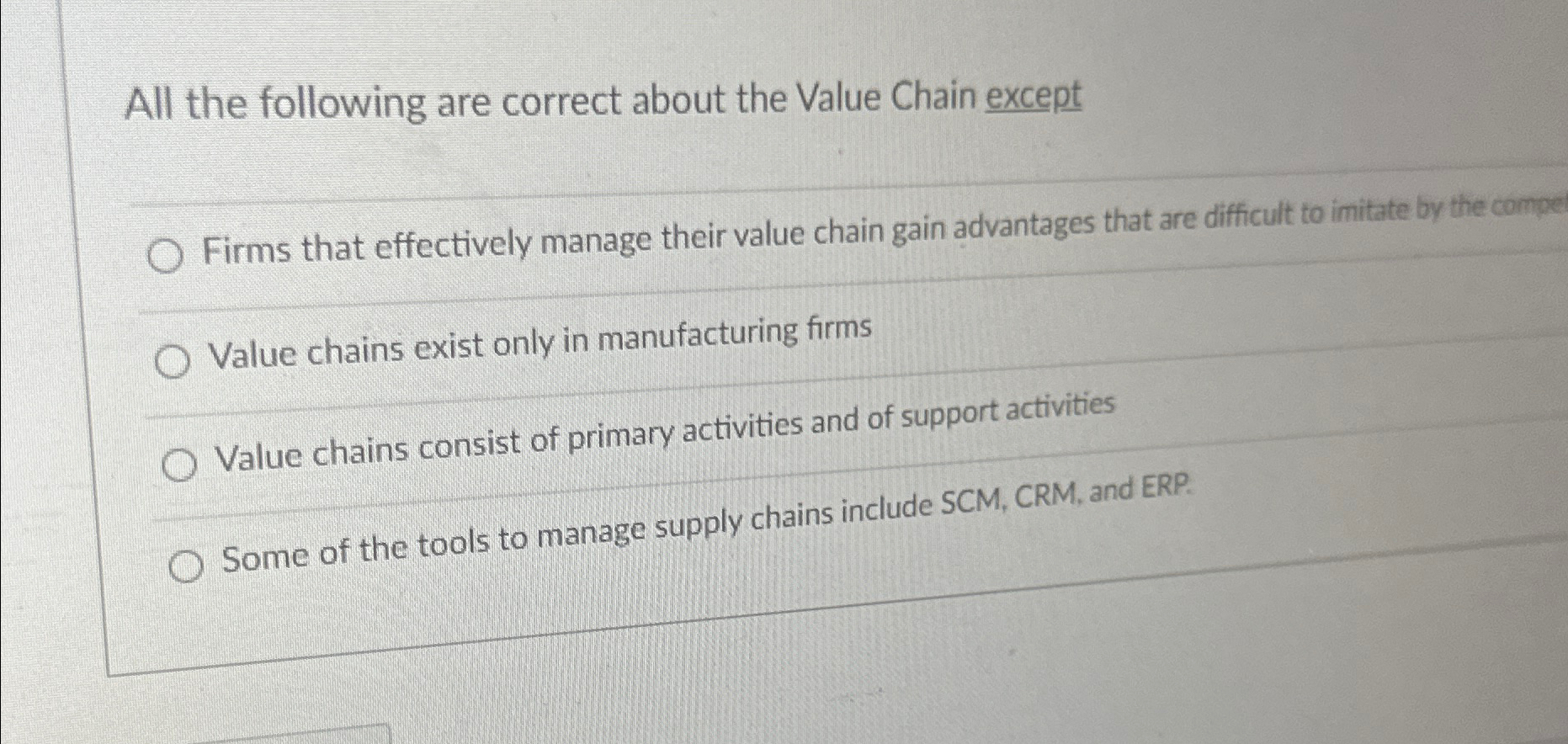 Solved All the following are correct about the Value Chain | Chegg.com