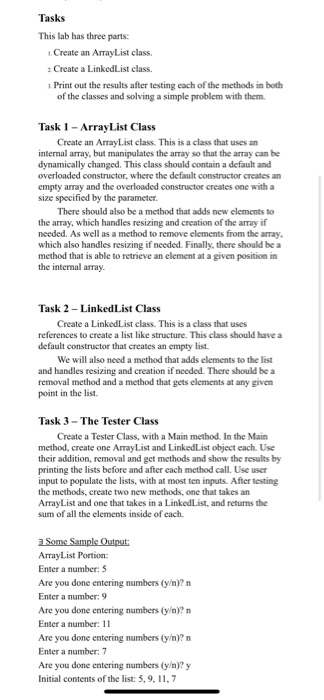 Solved Tasks This lab has three parts: Create an ArrayList | Chegg.com