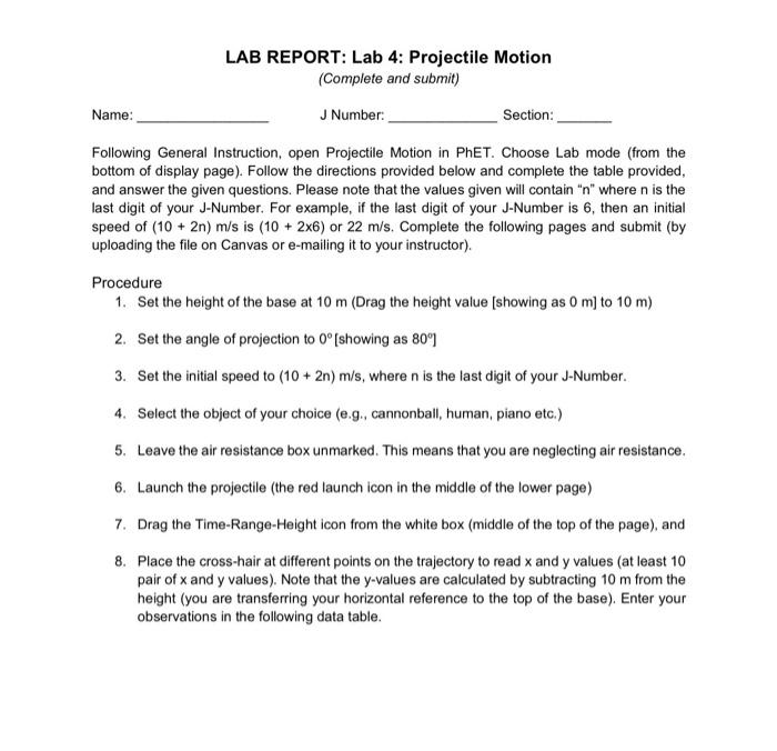 LAB REPORT: Lab 4: Projectile Motion (Complete and | Chegg.com