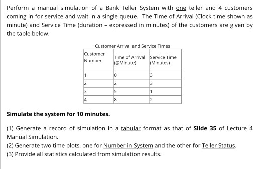 Perform a manual simulation of a Bank Teller System | Chegg.com