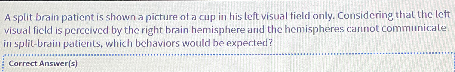 Solved A split-brain patient is shown a picture of a cup in | Chegg.com