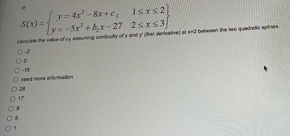 Solved S(x)={y=4x2−8x+c1y=−5x2+b2x−272≤x≤3} calculate the | Chegg.com