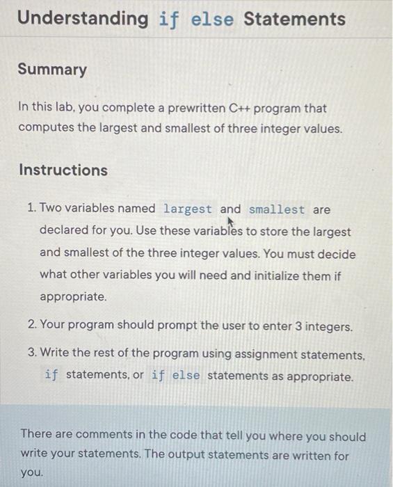 Solved Understanding if else Statements Summary In this lab, | Chegg.com