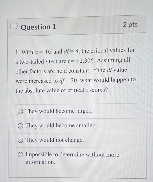 Solved Question 1 2 pts 1. With α=.05 and df=8, the critical | Chegg.com