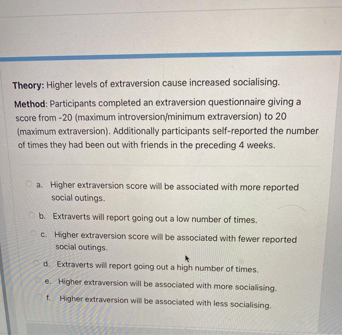 Solved Theory: Higher levels of extraversion cause increased | Chegg.com