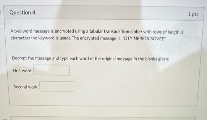 Solved A two word message is encrypted using a tabular | Chegg.com