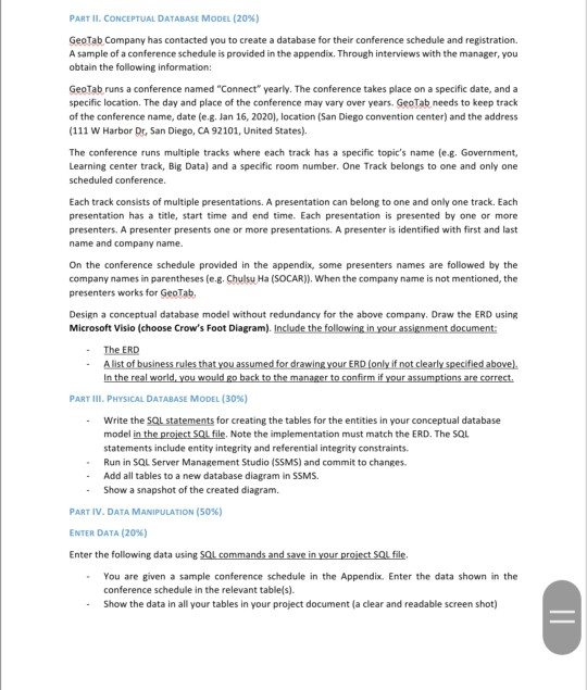PART II. CONCEPTUAL DATABASE MODEL (20%) GeoTab | Chegg.com