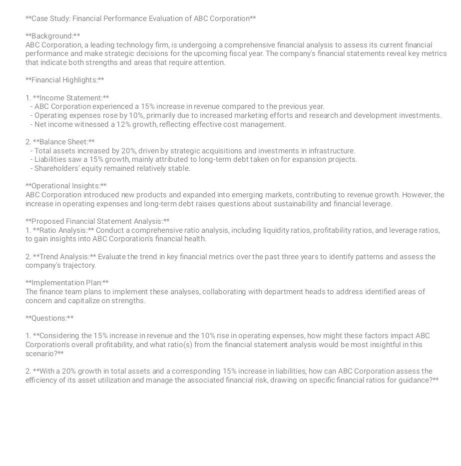 Solved **Case Study: Financial Performance Evaluation of ABC | Chegg.com