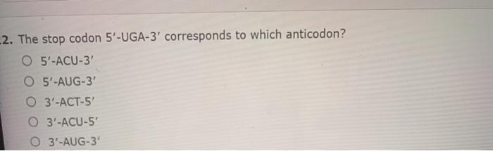 Solved -2. The stop codon 5'-UGA-3' corresponds to which | Chegg.com