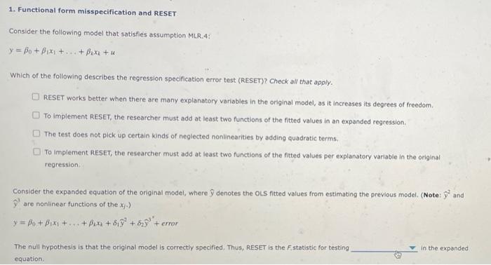 Solved 1. Functional form misspecification and RESET | Chegg.com