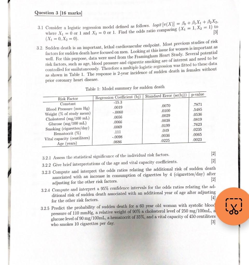 Solved 3.1 Consider a logistic regression model defined as | Chegg.com
