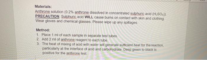 Solved VE Materials: Anthrone solution (0.2% anthrone | Chegg.com