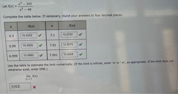 Solved Let f(x)=x2−49x3−343 Complete the table below. If | Chegg.com