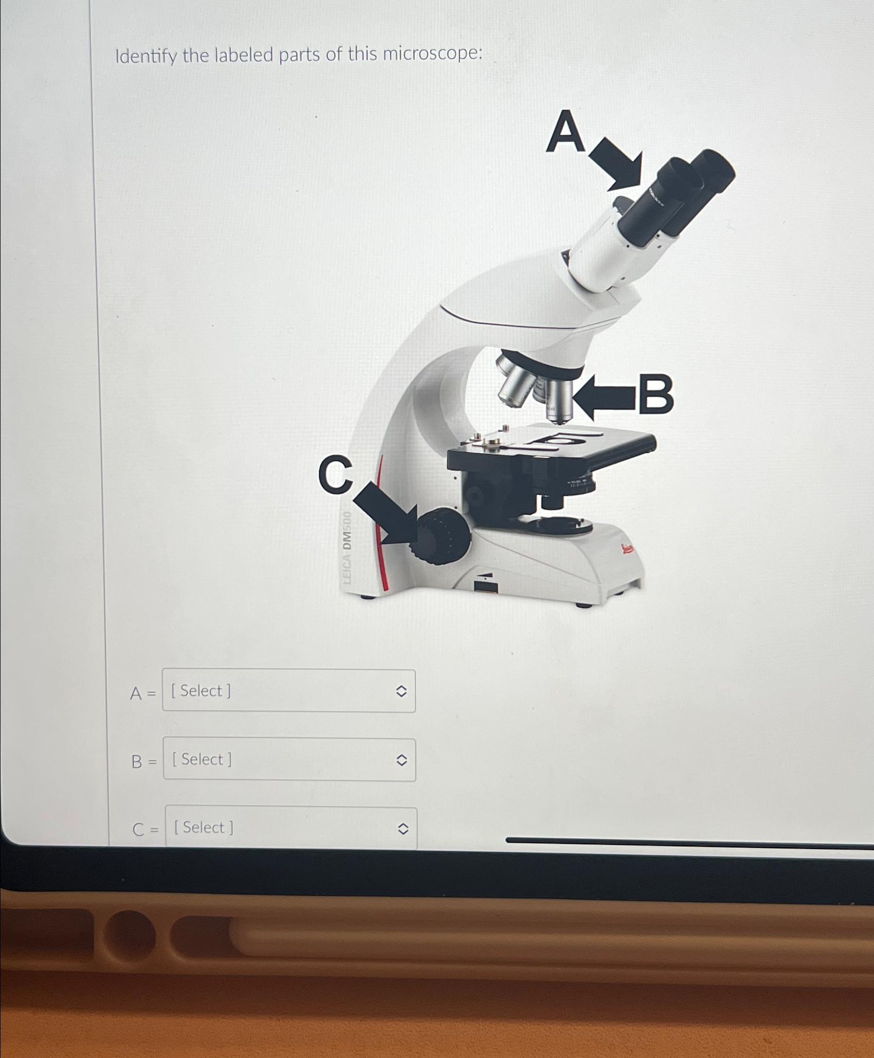 Solved Identify the labeled parts of this microscope:A=B=C | Chegg.com