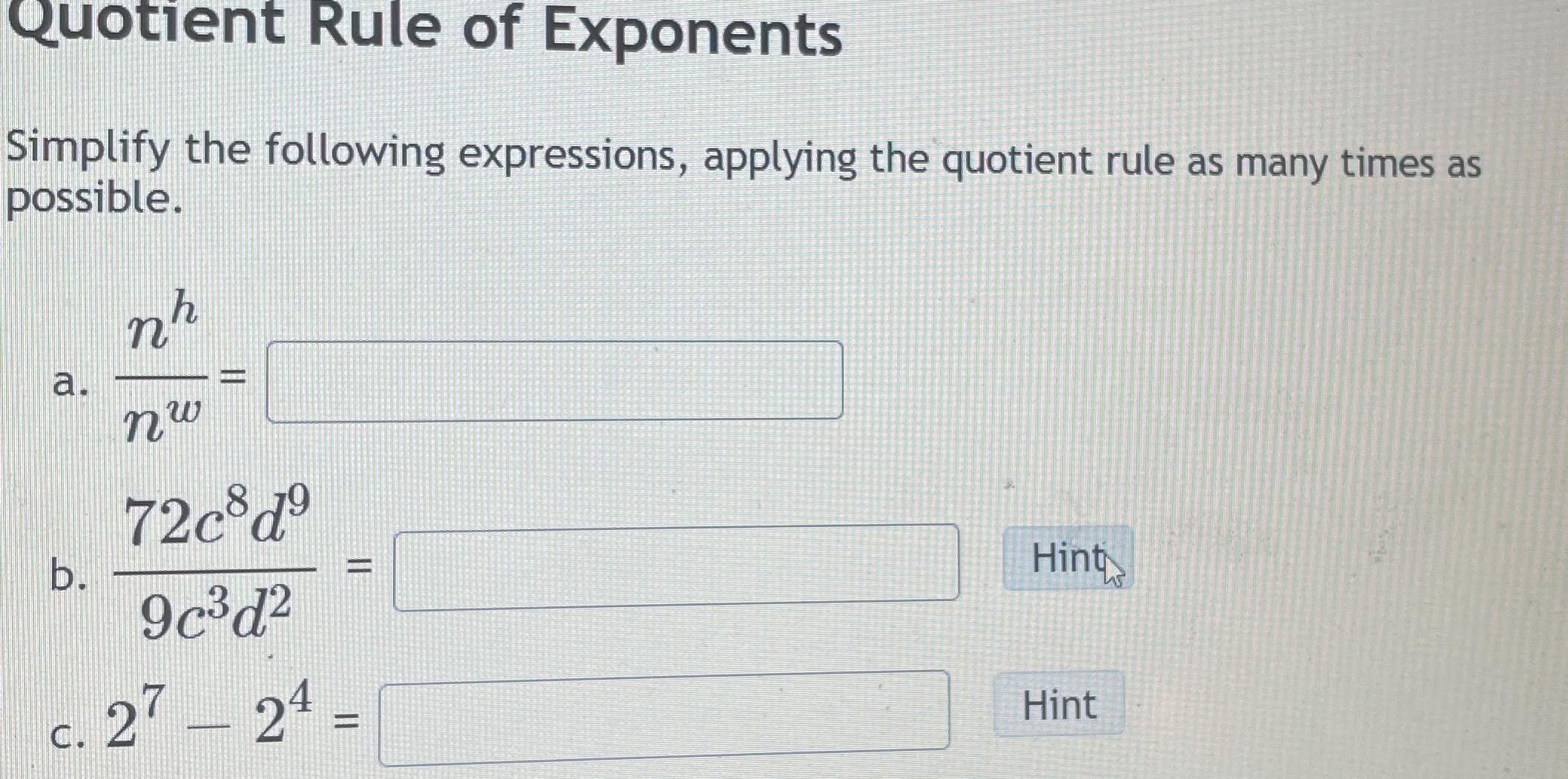 Solved Quotient Rule of ExponentsSimplify the following | Chegg.com