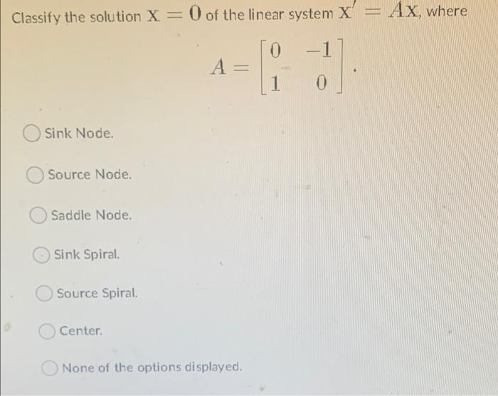 Solved Classify the solution X = 0 of the linear system x' | Chegg.com