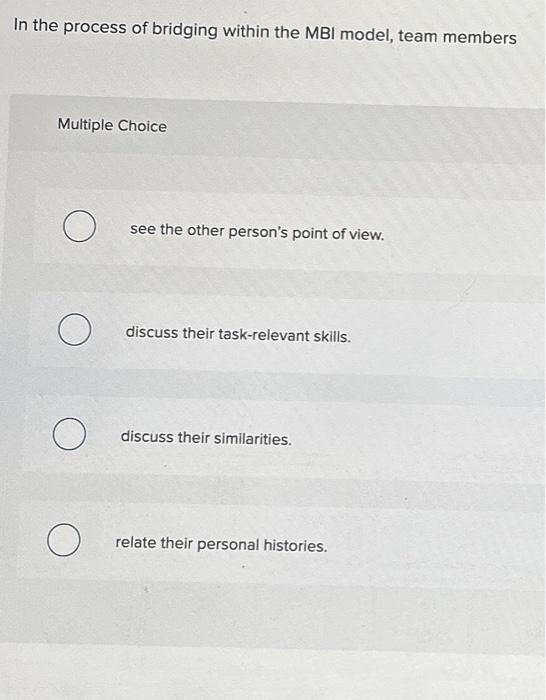 Solved In the process of bridging within the MBI model, team | Chegg.com