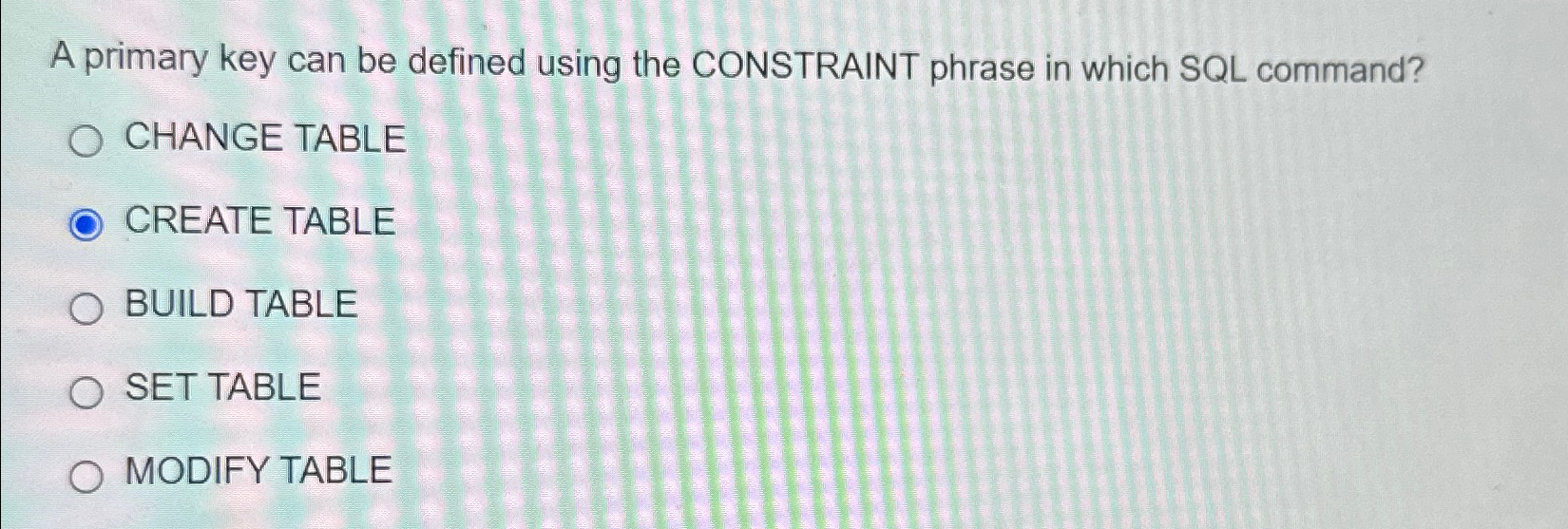 A primary key can be defined using the CONSTRAINT | Chegg.com