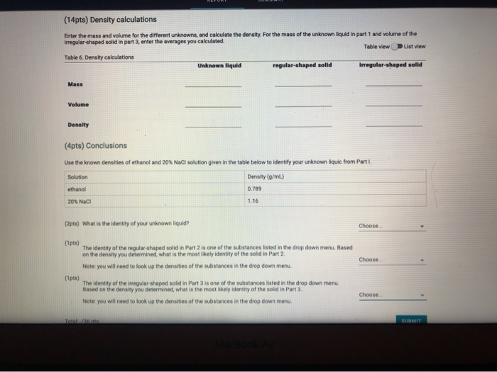 Solved REPORT SUMMARY Part III - Density of a | Chegg.com