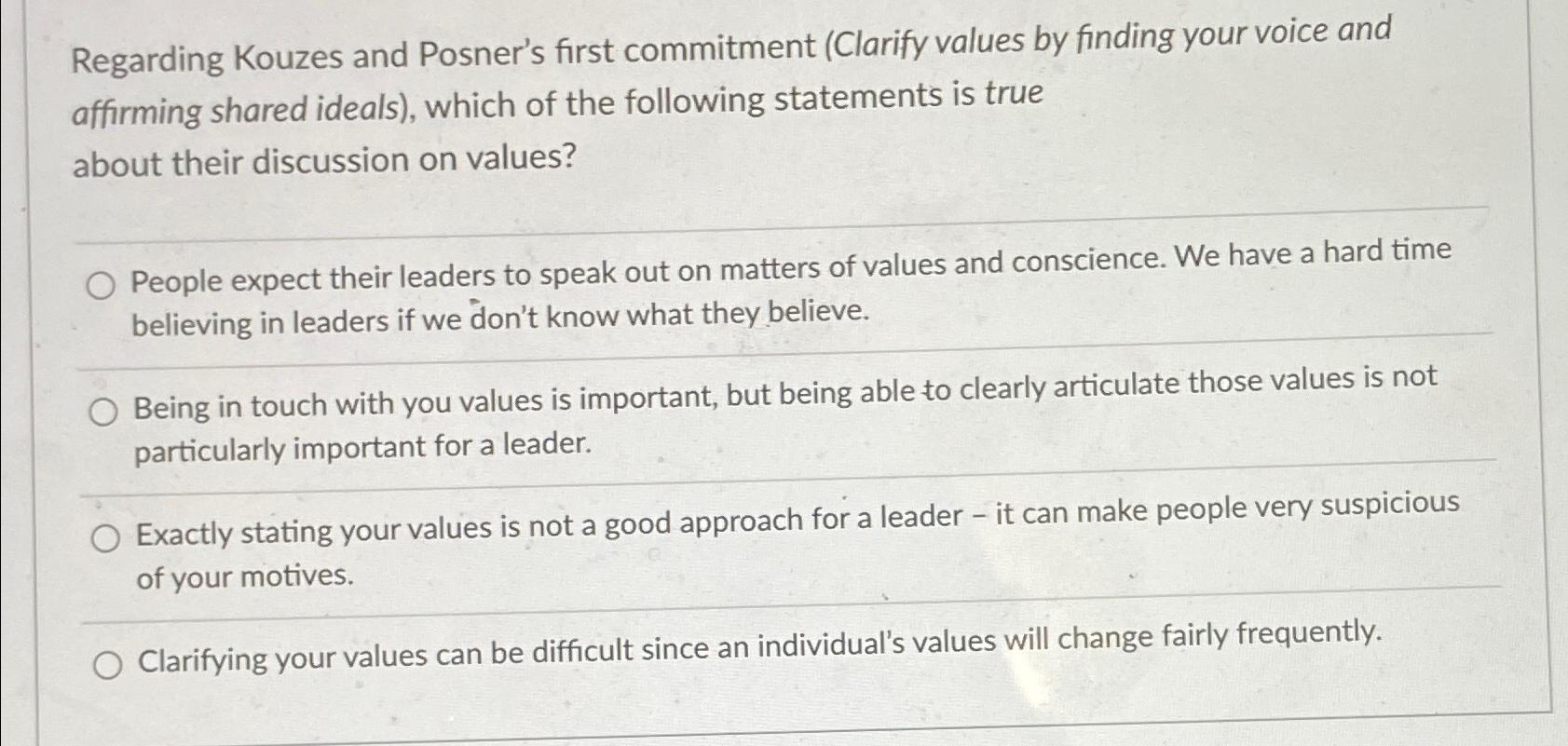 Solved Regarding Kouzes and Posner's first commitment | Chegg.com