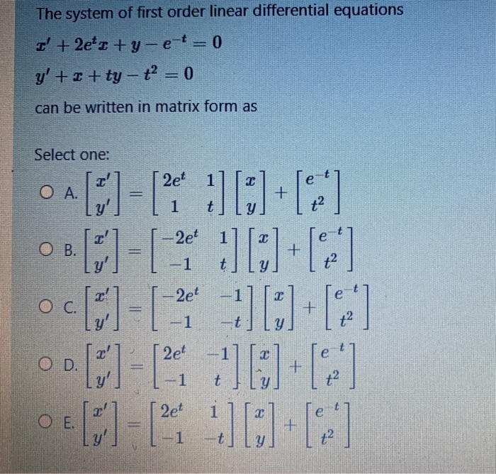 Solved The system of first order linear differential | Chegg.com