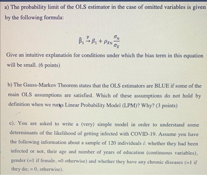 Solved a) The probability limit of the OLS estimator in the | Chegg.com