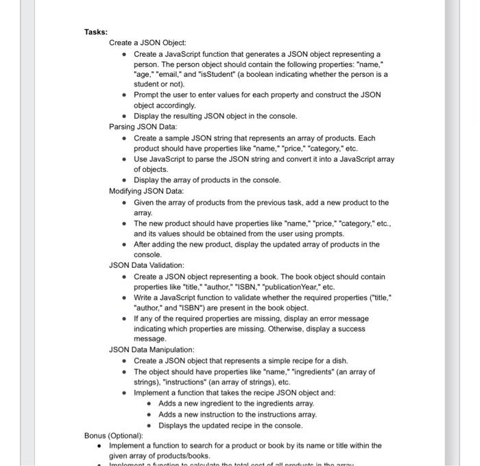 Solved Tasks: Create a JSON Object: Create a JavaScript | Chegg.com